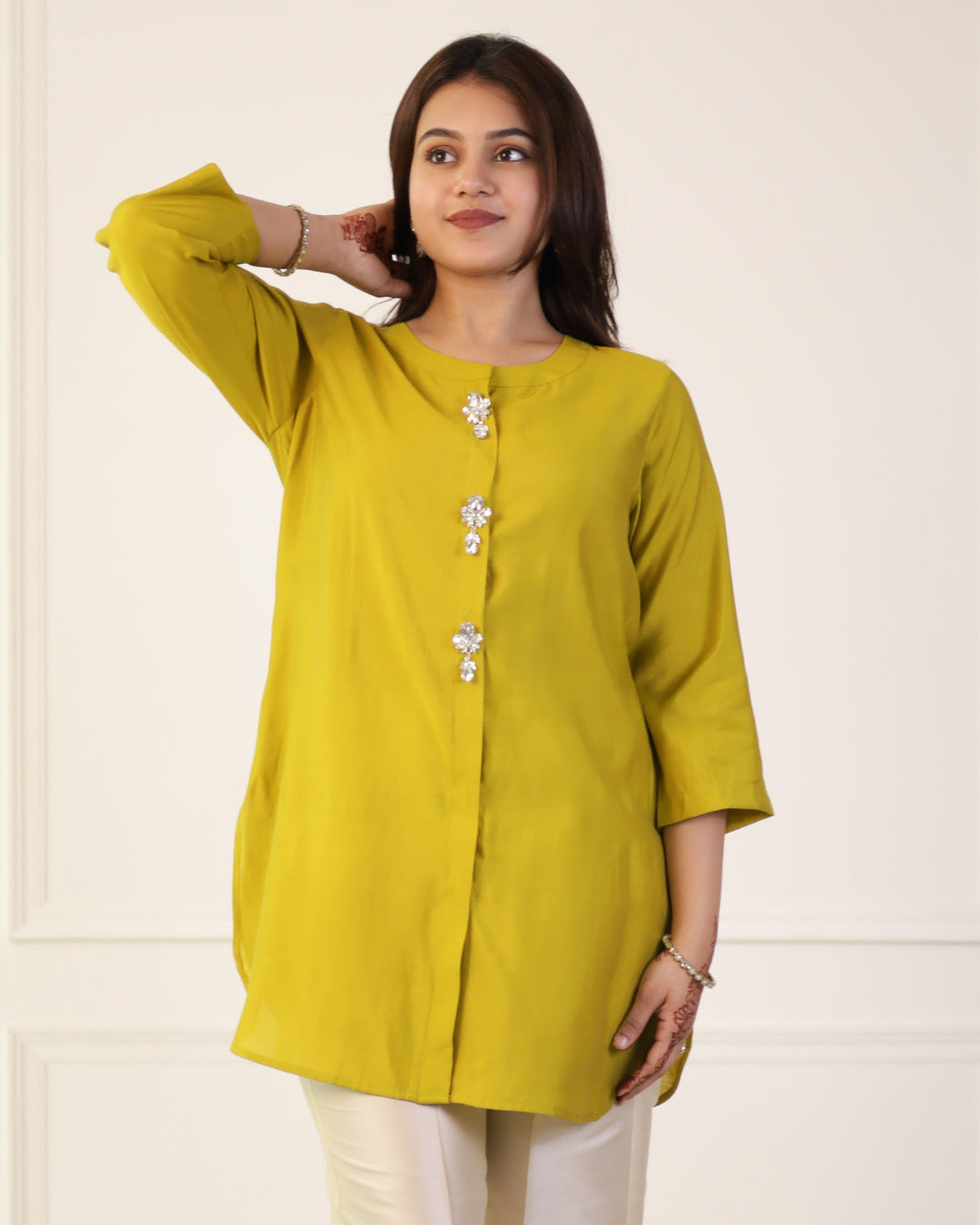 Sap Green Solid Embellished Shirt – The Svaya