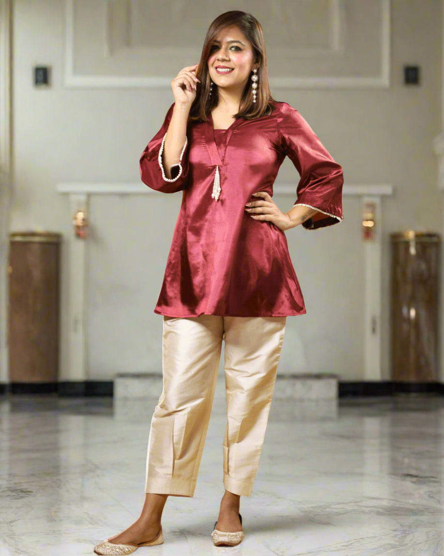 Aaiza Deep Maroon Silk Kurti – The Svaya
