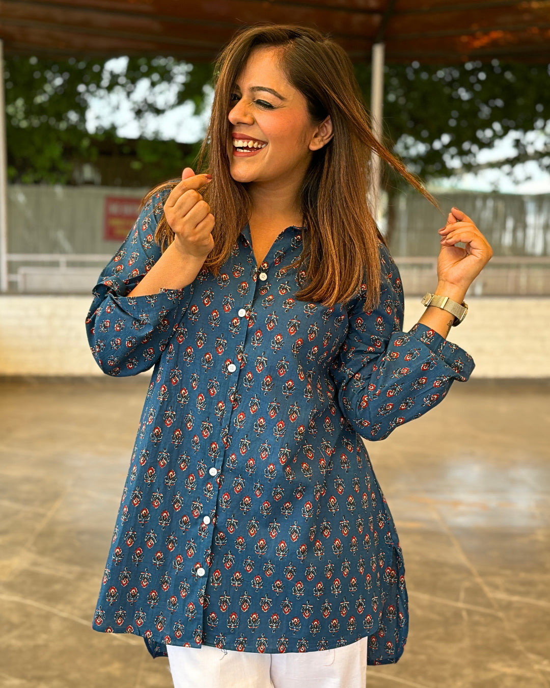 Indigo Floral Printed Cotton Aline Shirt – The Svaya