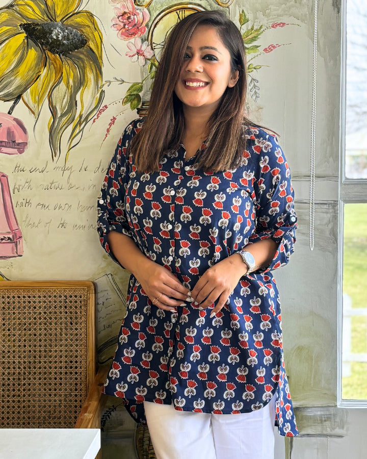 Navy Tulip Long Cotton Aline Shirt – The Svaya